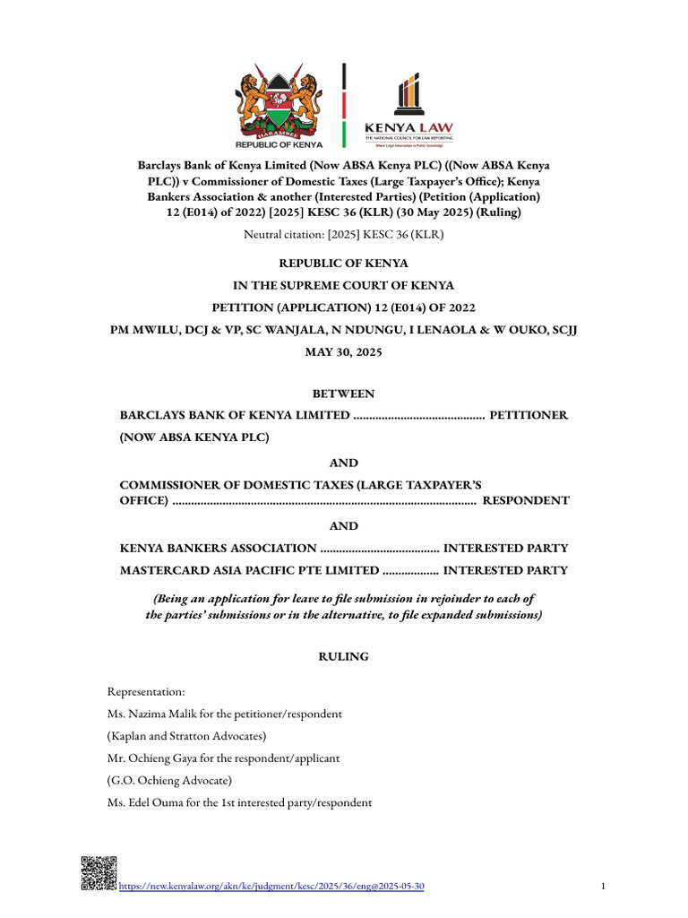 ABSA Kenya PLC vs. Tax Commissioner Ruling | PDF | Supreme Court Of ...