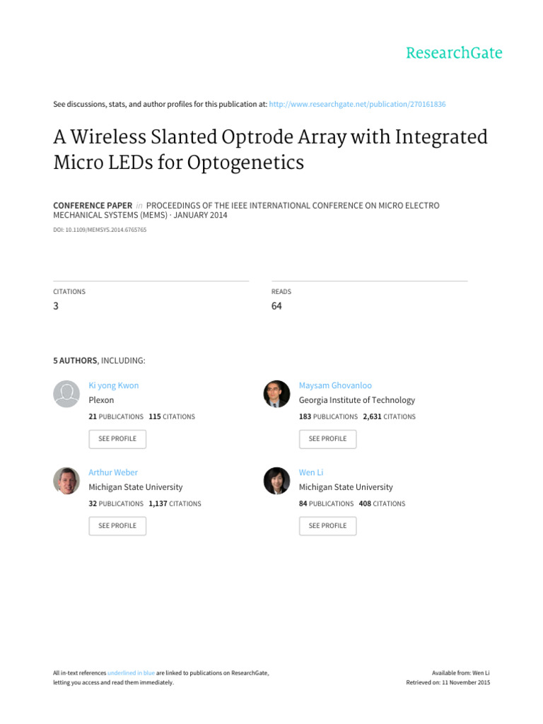 A Wireless Slanted Optrode Array With Integrated Micro LEDs For ...