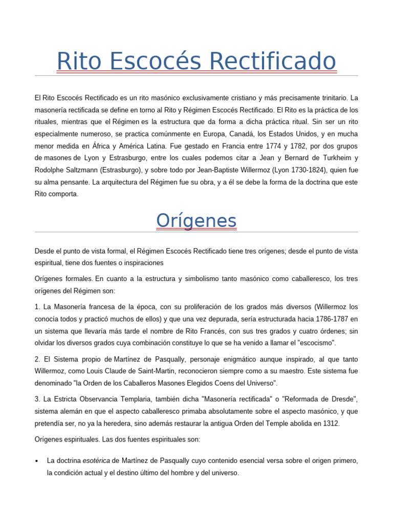 Rito Escocés Rectificado: Orígenes y Estructura | PDF | Masonería ...