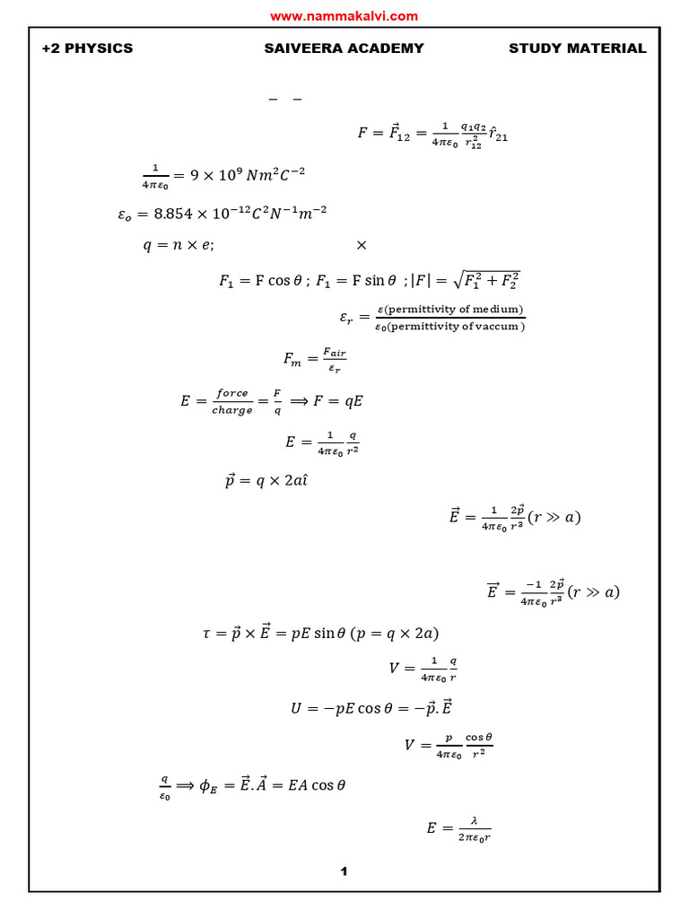 Namma Kalvi 12th Physics Reduced Syllabus Formulae and Units Study Material EM 220627 | PDF ...