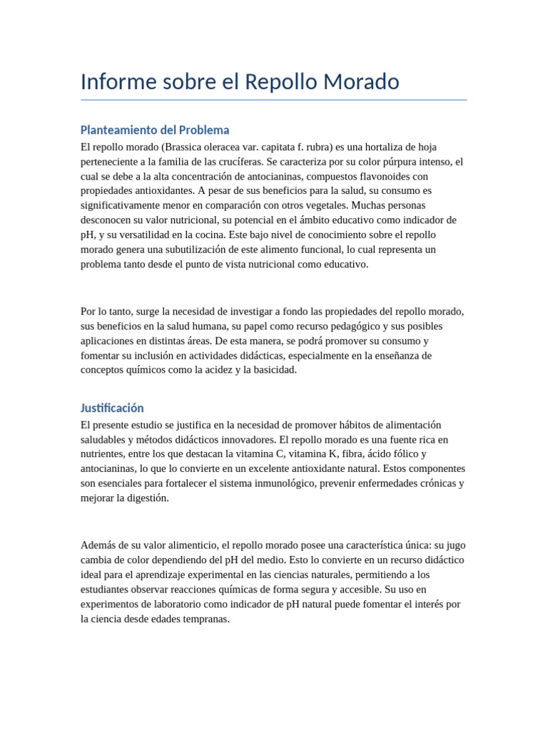 Informe Repollo Morado Extendido | PDF | Repollo | Nutrición