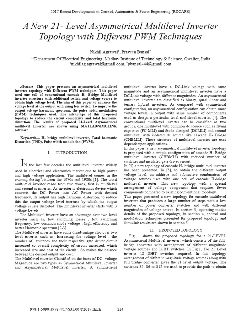 A New 21-Level Asymmetrical Multilevel Inverter Topology With Different PWM Techniques | PDF ...
