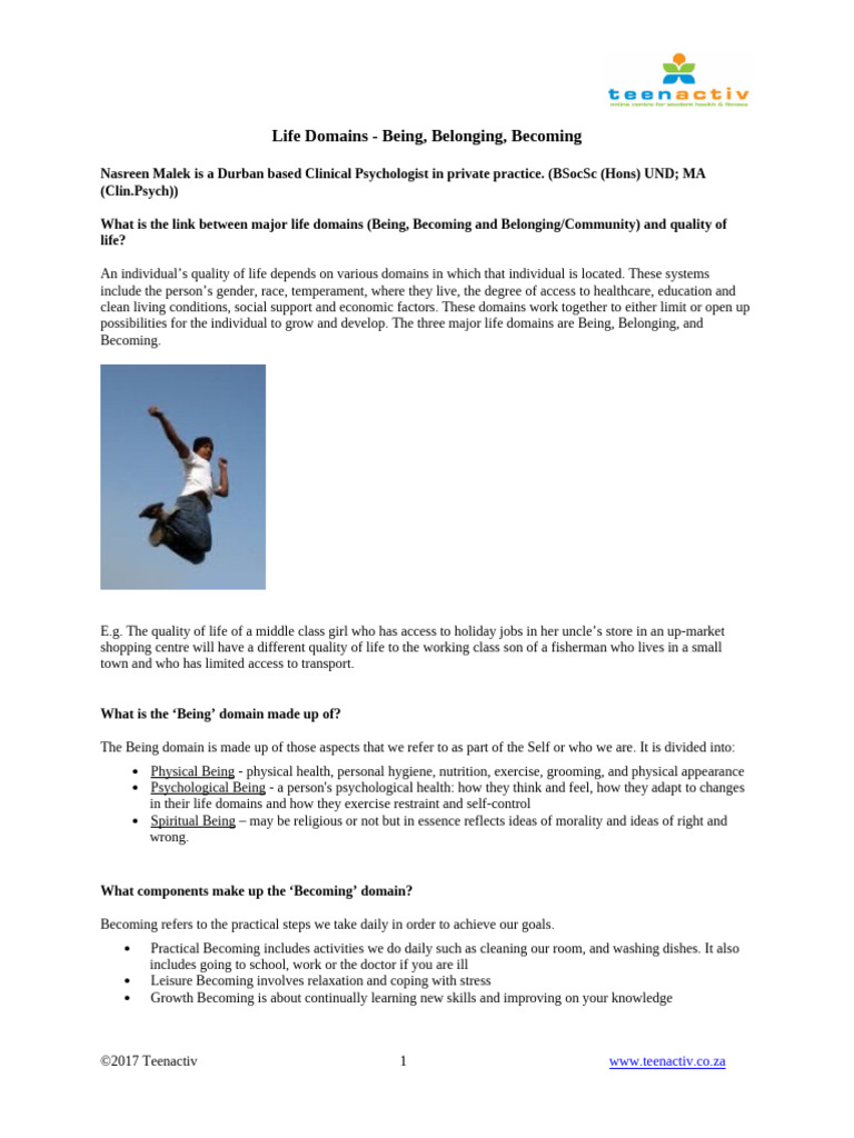 Life Domains: Being, Belonging, Becoming | PDF | Knowledge | Goal Setting