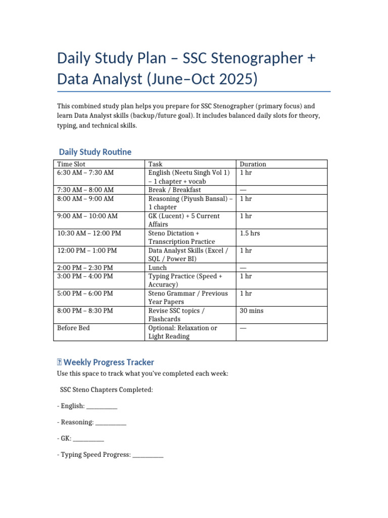 SSC Steno Data Analyst Study Plan June-Oct2025 | PDF