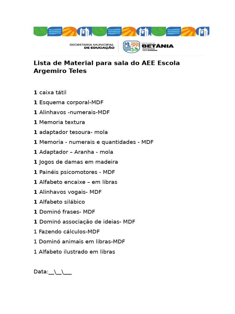 Lista de Material Para Sala Do AEE Escola Argemiro Teles | PDF