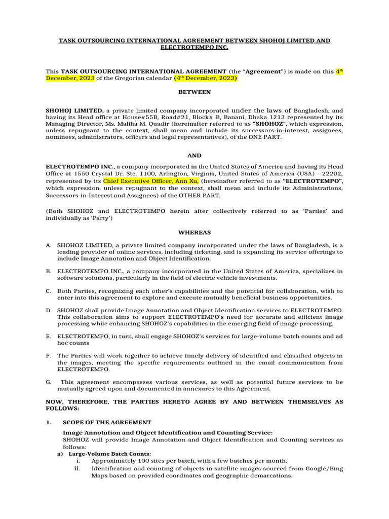 Task Outsourcing International Agreement Electrotempo Shohoz v2 | PDF ...