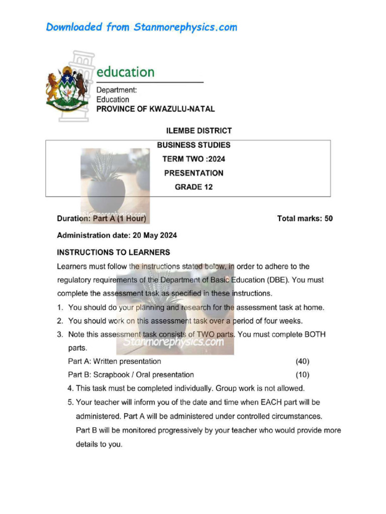 KZN Business Studies Grade 12 PRESENTATION 2024 Term 2 and Memo | PDF