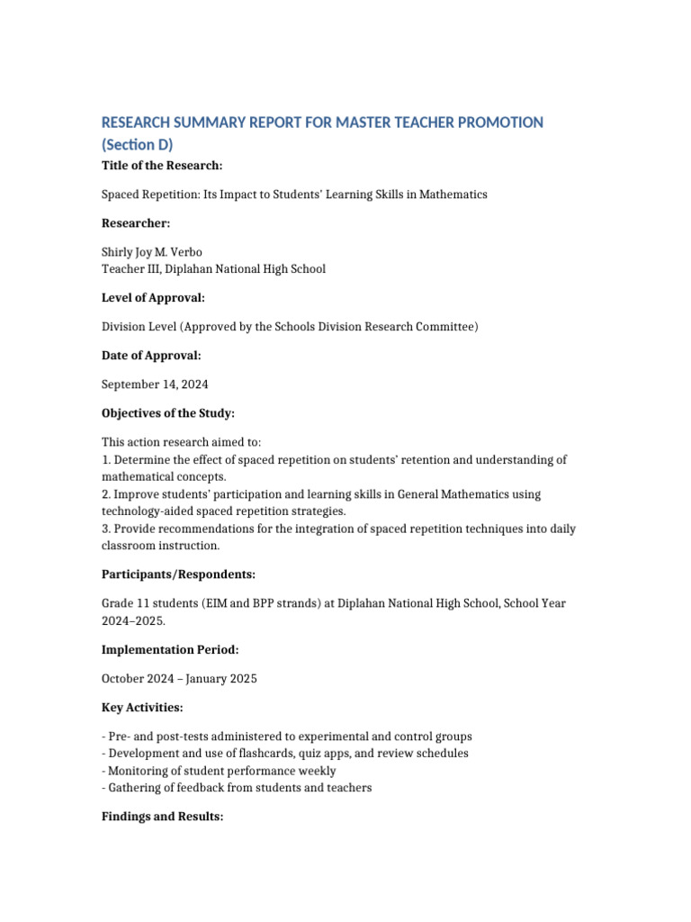 Research Summary Report Section D | PDF