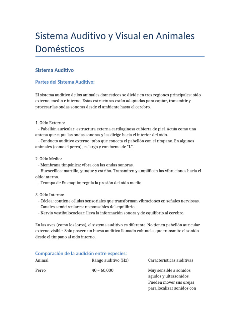 Sistema Auditivo y Visual en Animales Domésticos | PDF | Escuchando | Oído