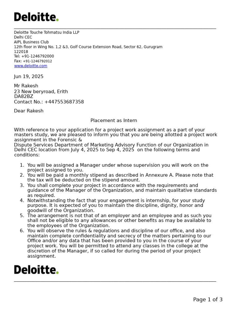 Deloitte Internship Offer Letter | PDF