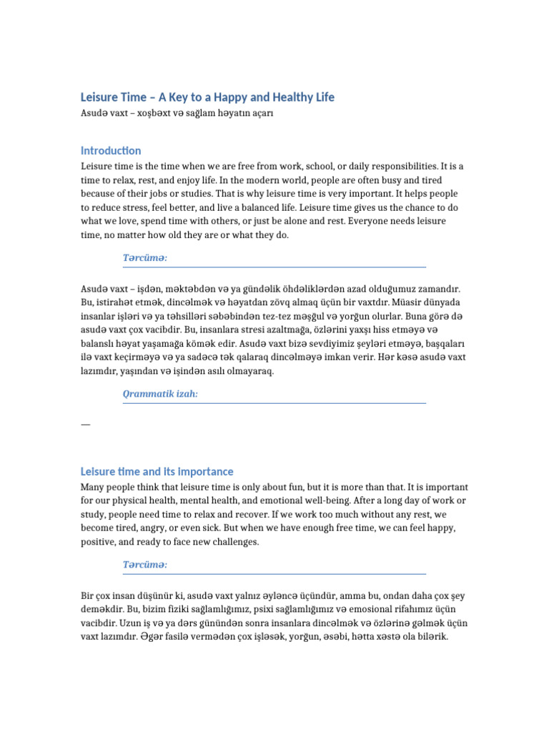 Leisure Time B1 Level Essay With Translation and Grammar | PDF