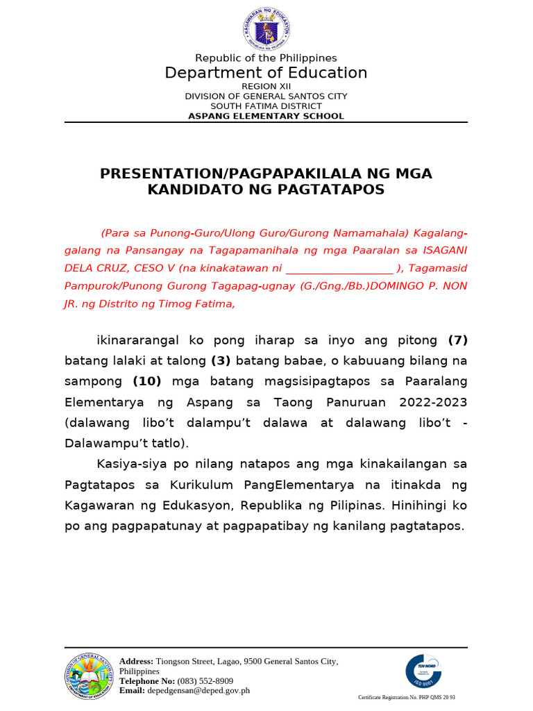 Department of Education: Presentation/Pagpapakilala NG Mga Kandidato NG ...