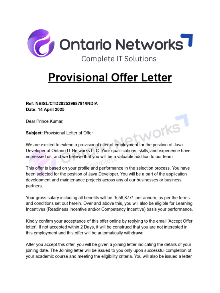 Prince Kumar Provisional Offer Letter | PDF | Taxes | Salary