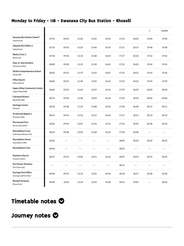118 Bus Timetable: Swansea To Rhossli | PDF