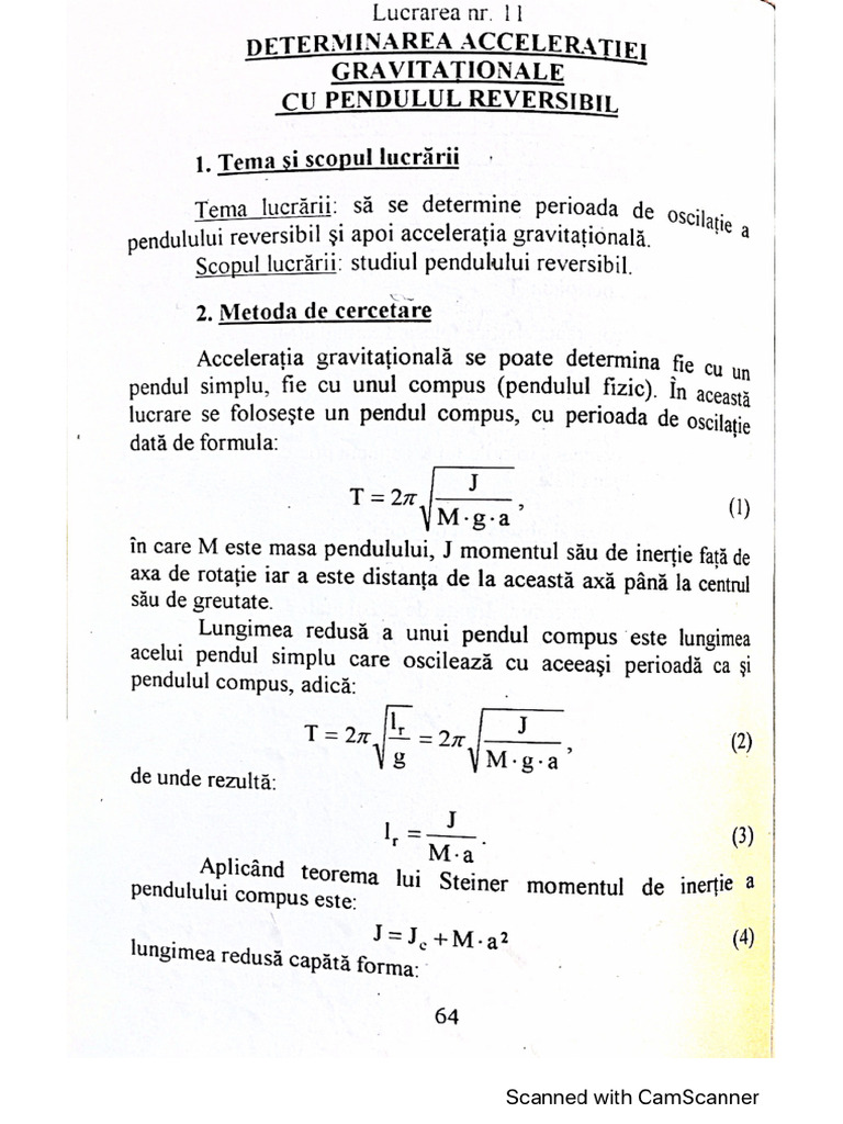 1646758608-Determinarea Acceleratiei Gravitationale Cu Pendulul Reversibil | PDF