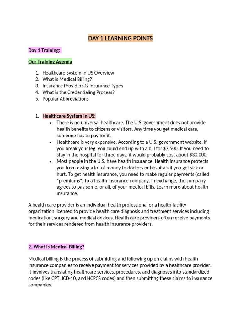 Day 1 Learning Points: Day 1 Training: Our Training Agenda | PDF ...