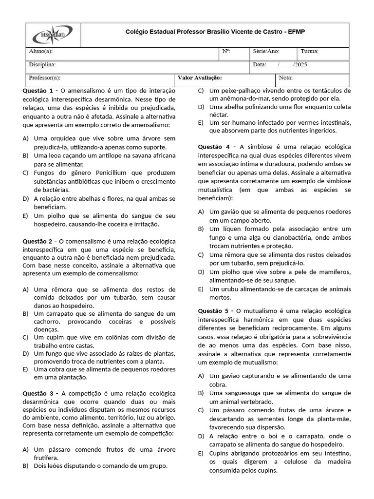 Interações Ecológicas: Tipos e Exemplos | PDF | Parasitismo | Zoologia