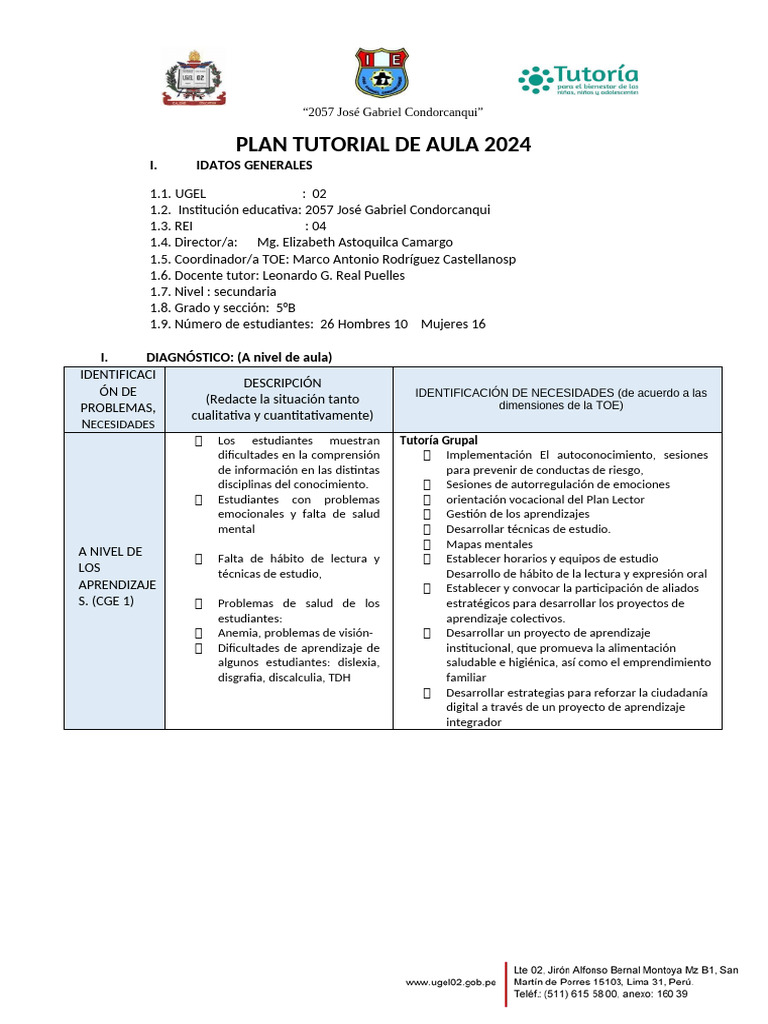 Plan Tutorial de Aula 2024 (5°) | PDF | Salón de clases | Desarrollo personal