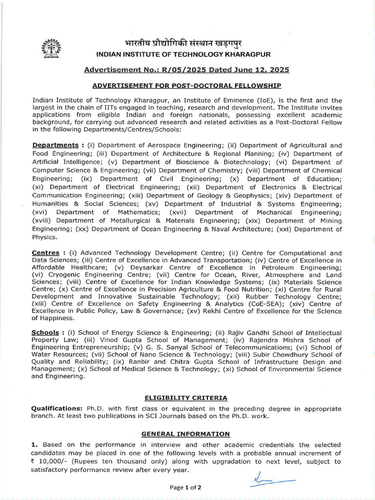 IIT Kharagpur - Post-Doc Fellowship | PDF