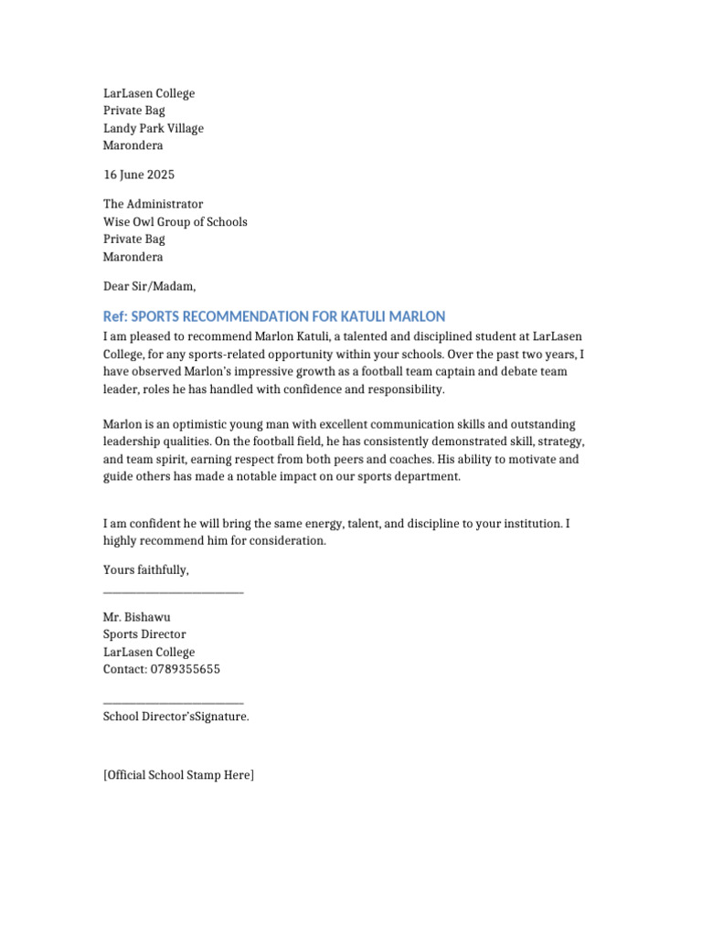 Katuli Sports Recommendation Letter | PDF