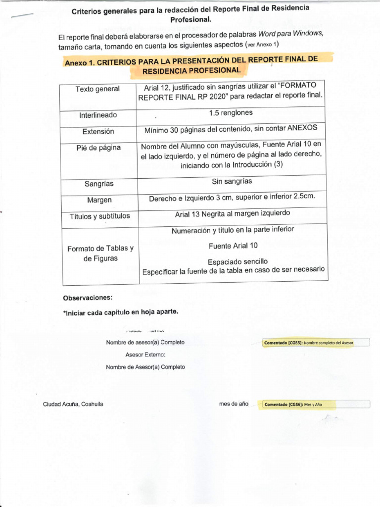 Criterios Para La Presentacion Del Reporte Final | PDF
