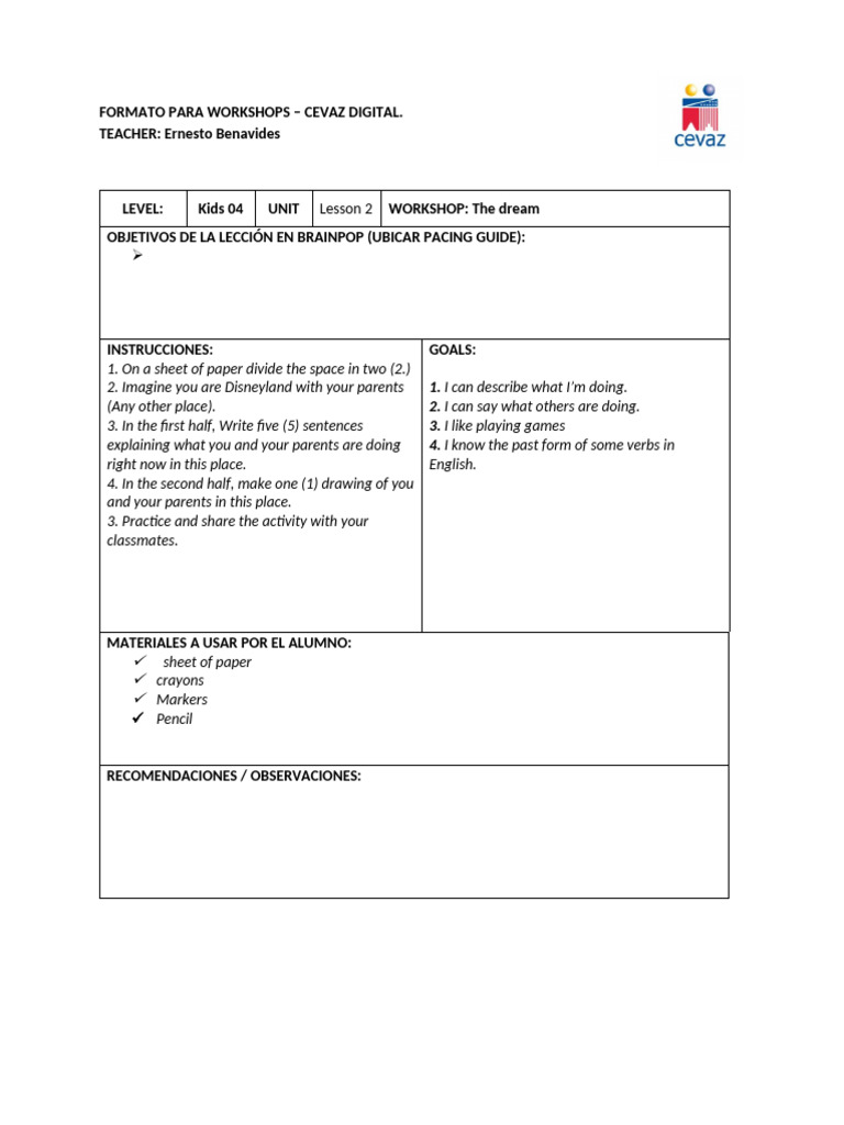 Workshop Format for Kids - Dream Activity | PDF