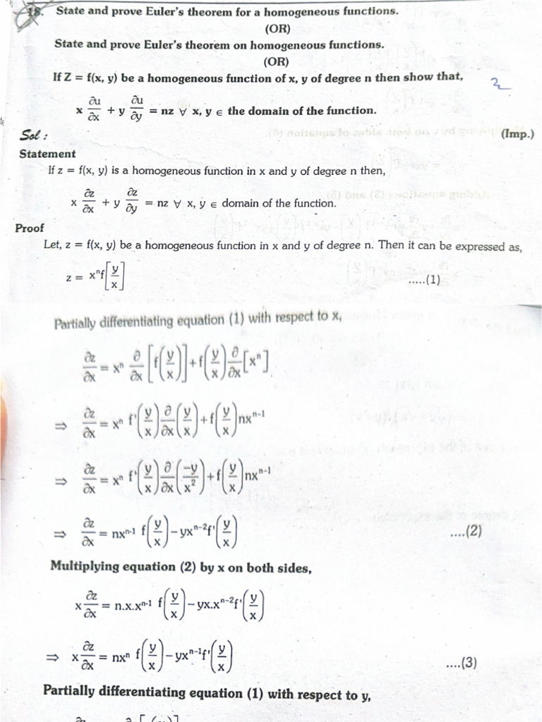 State and Prove Euler's Theorem For A Homogeneous Functions. | PDF