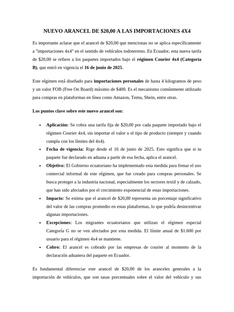 Nuevo arancel de $20 para Courier 4x4 | PDF