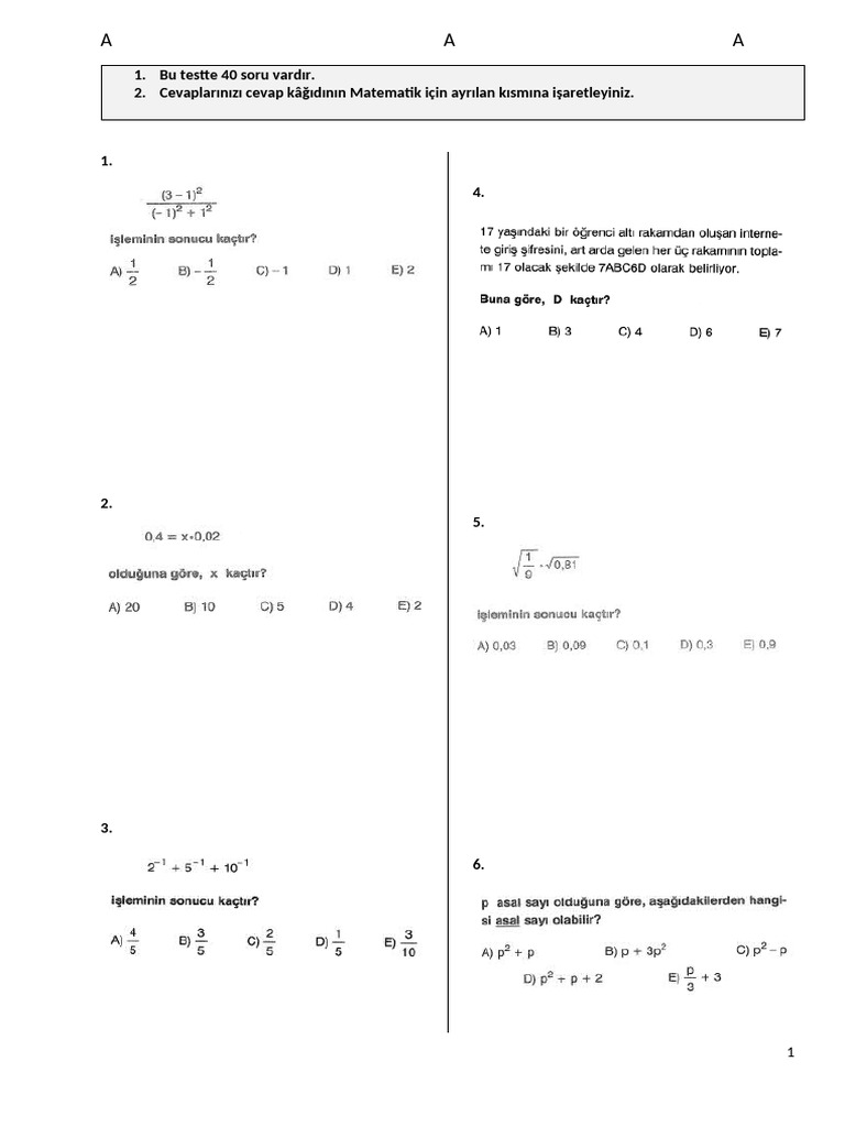TYT Matematik TESTİ 2 | PDF