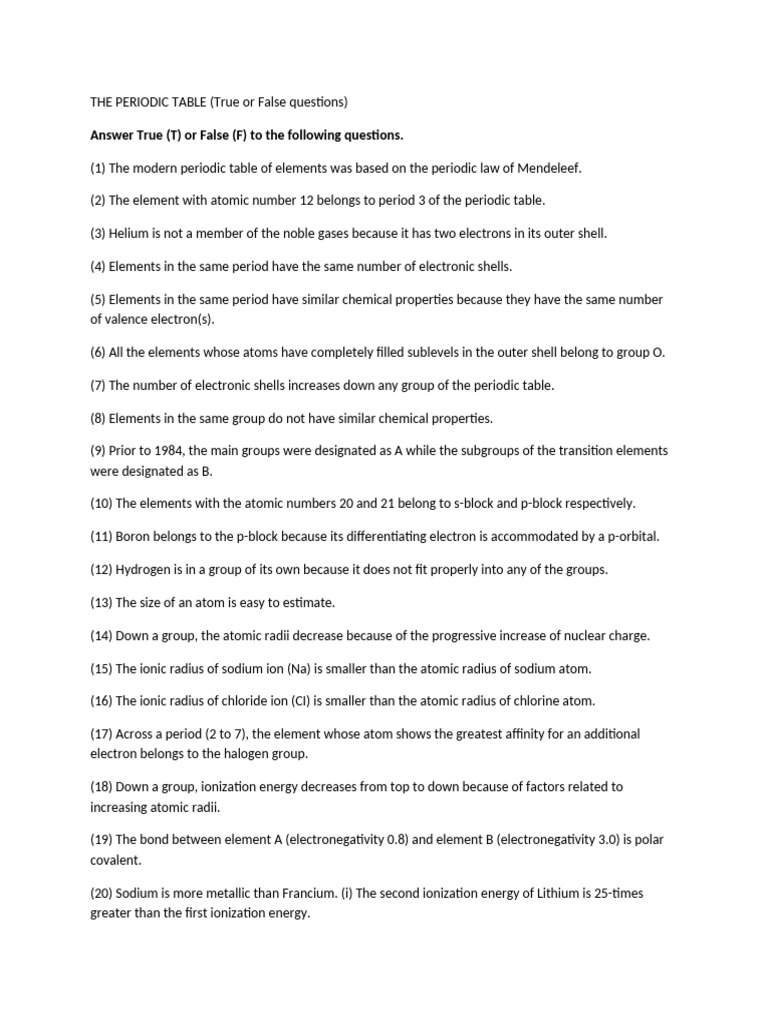 Periodic Table True or False Quiz | PDF