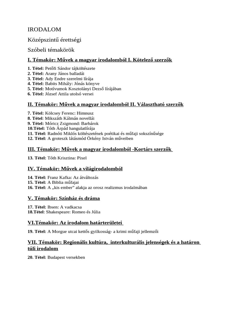 Irodalom Temakor | PDF