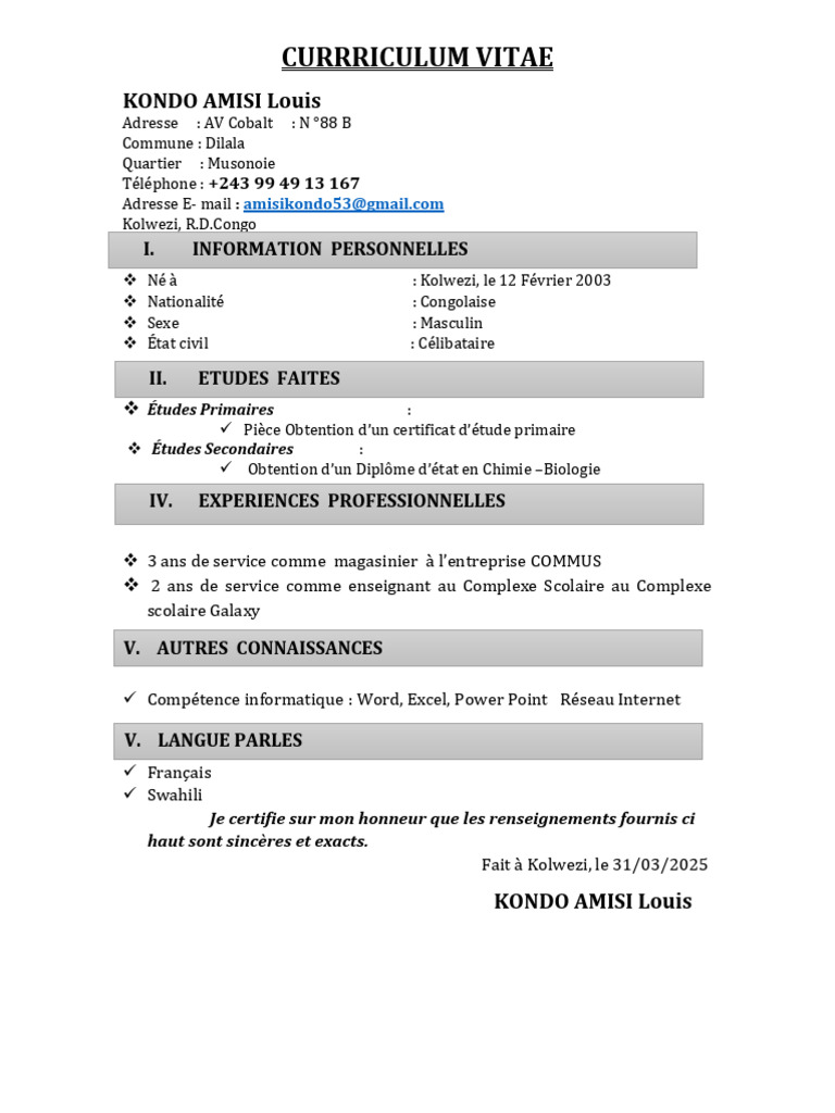 CV de Kondo Amisi Louis | PDF