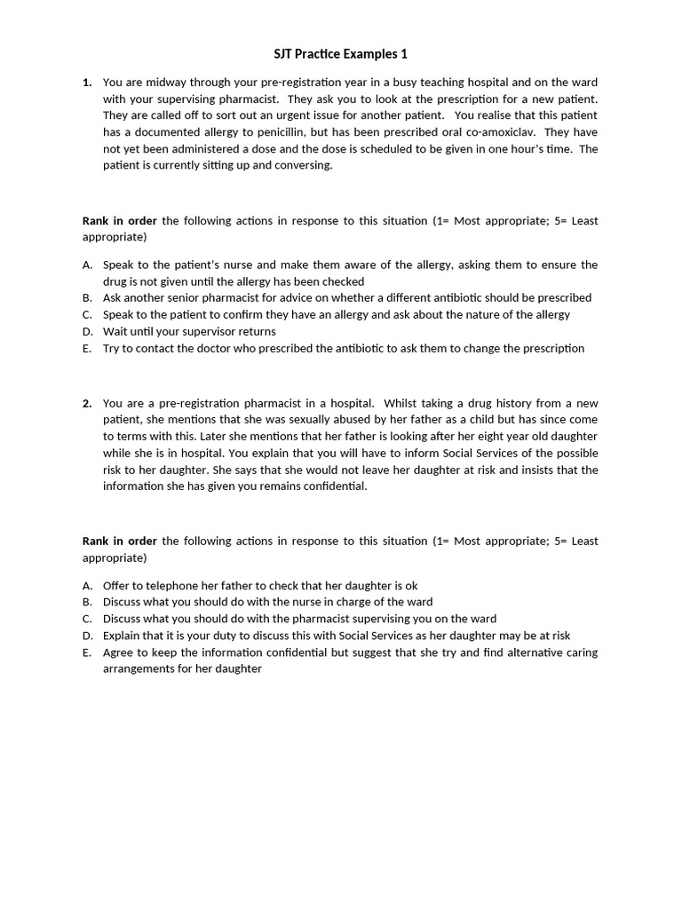 SJT Practice Examples 1 | PDF | Pharmacy | Medical Prescription