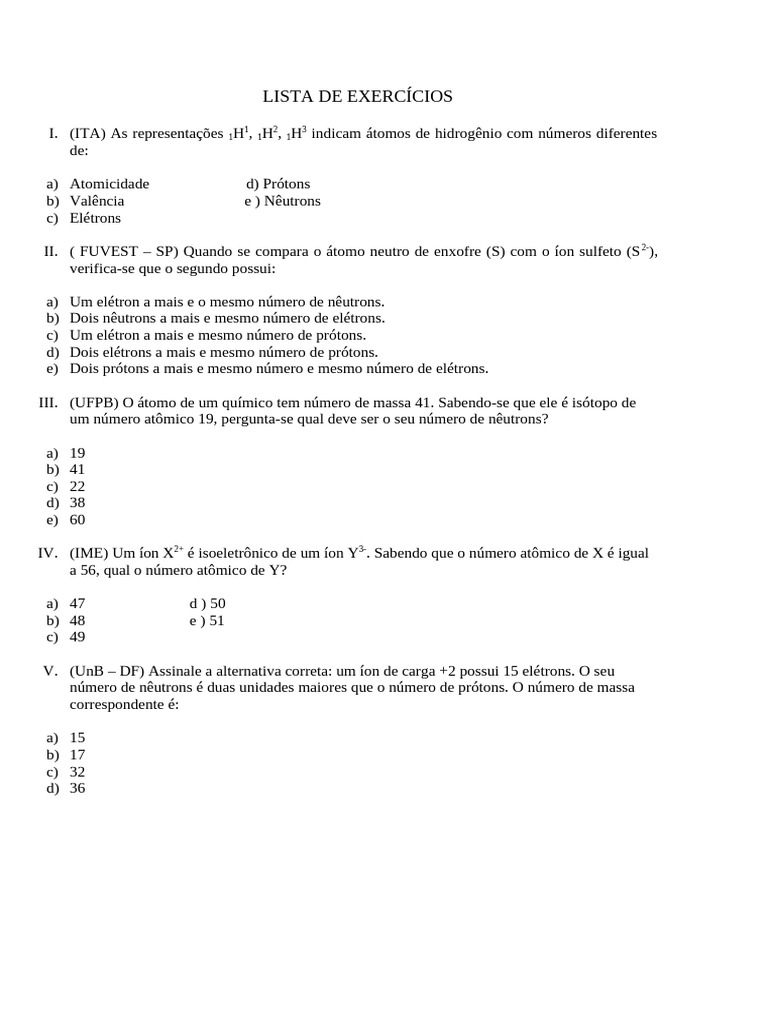 Exercícios sobre Atomicidade e Íons | PDF
