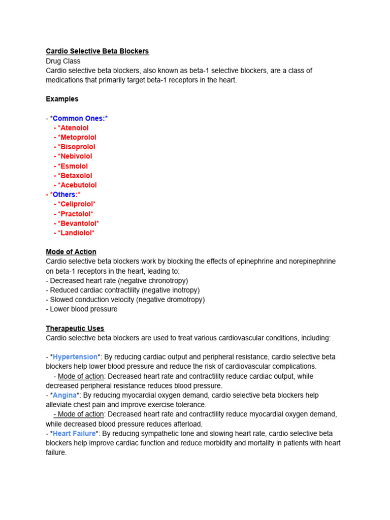 Cardio Selective Beta Blockers Overview | PDF | Cardiology | Heart
