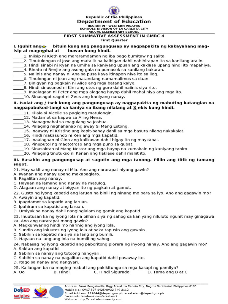 First Summative Test in GMRC 4 Matatag | PDF