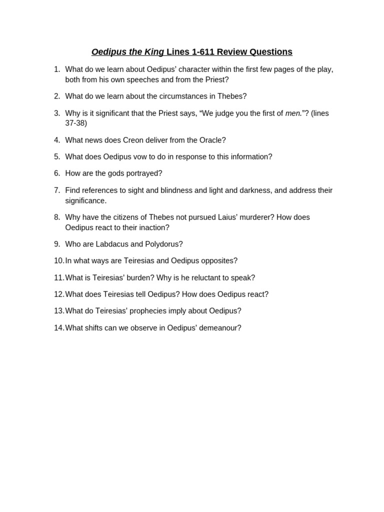 Oedipus the King Review Questions | PDF