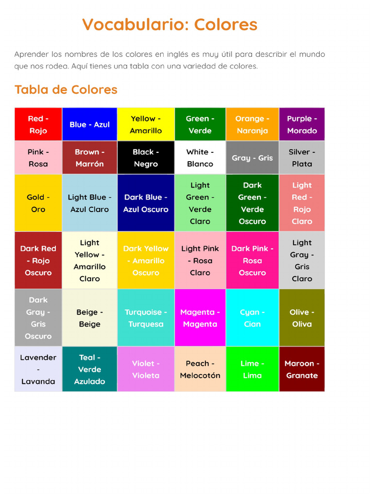 Vocabulario Colores | PDF