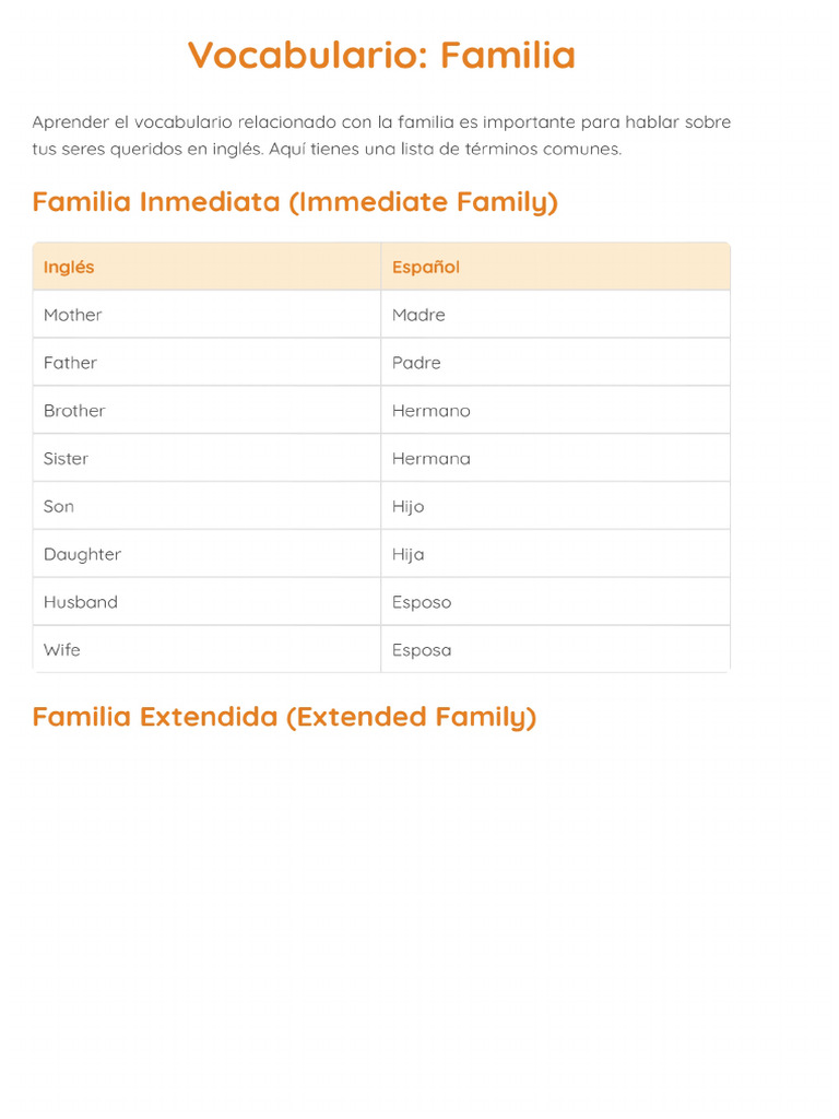 Vocabulario Familia | PDF