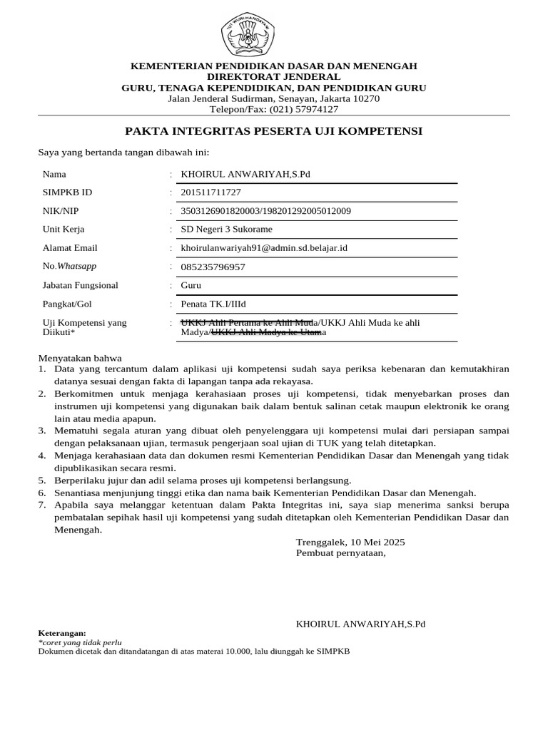 Pakta Integritas Peserta Uji Kompetensi 2025 | PDF