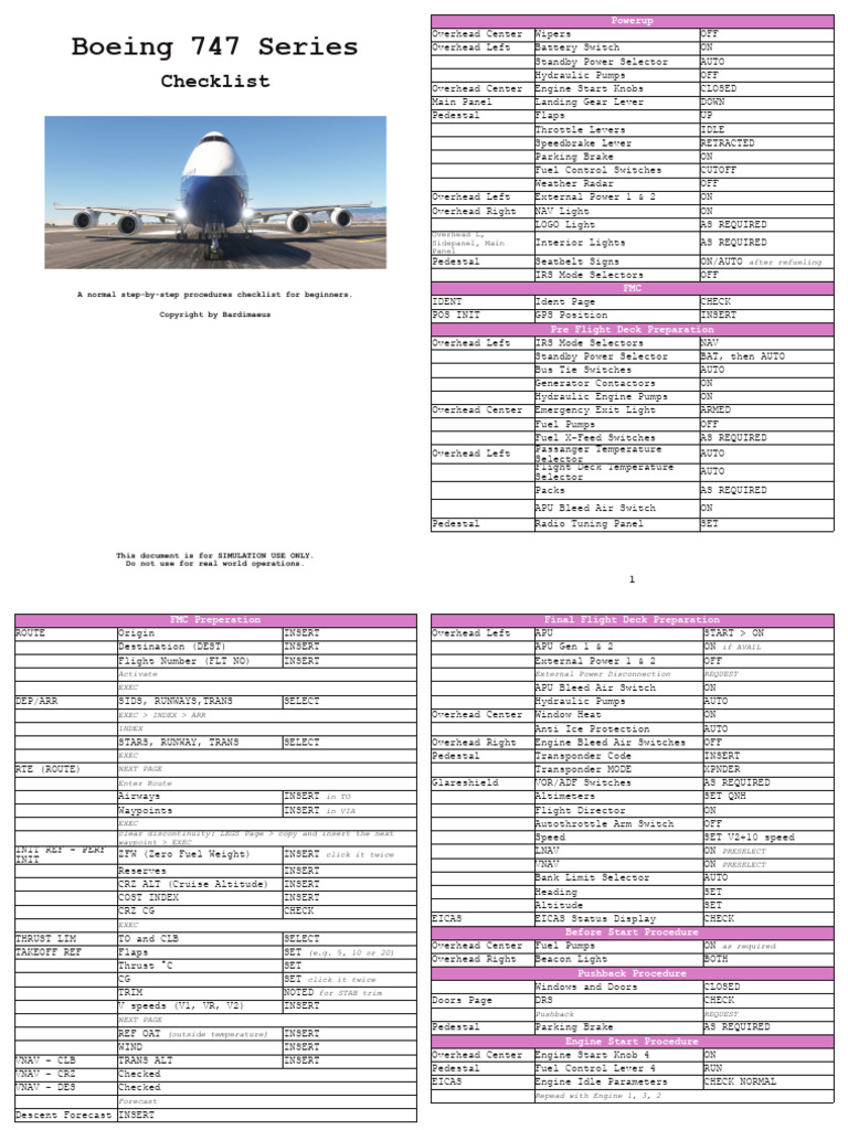 Boeing 747 Checklist | PDF | Cockpit | Flight Control Surfaces