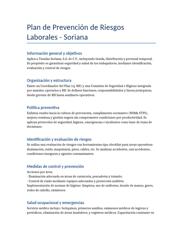 Plan Prevencion Riesgos Soriana | PDF | Seguridad y salud ocupacional