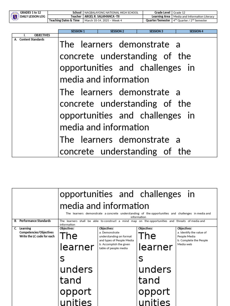 Grade 12 Media Literacy Lesson Plan | PDF | Education Theory | Intelligence