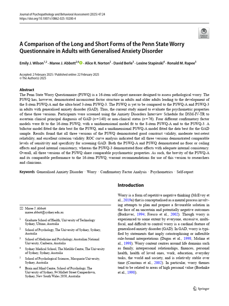 A Comparison of The Long and Short Forms of The Penn State Worry ...