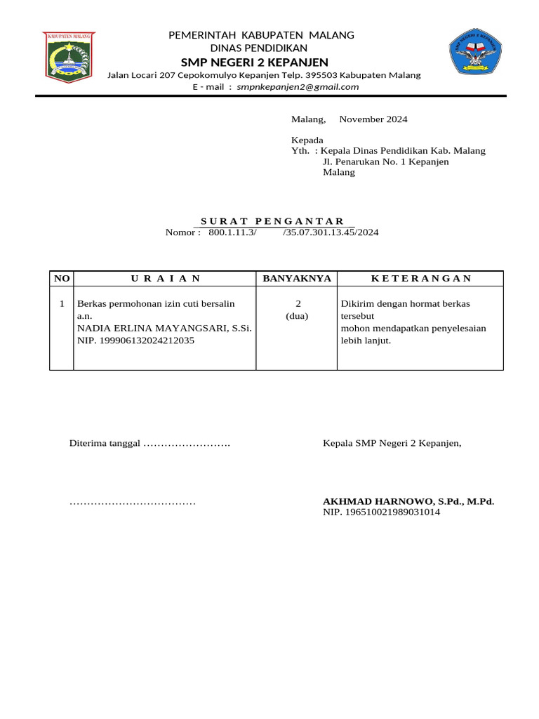 Surat Pengantar Cuti Bersalin SMPN 2 | PDF