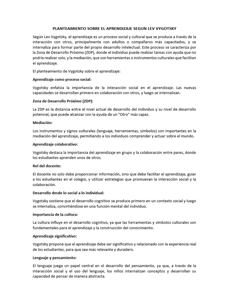 Planteamiento Sobre El Aprendizaje Segun Lev Vygotsky Edward | PDF ...