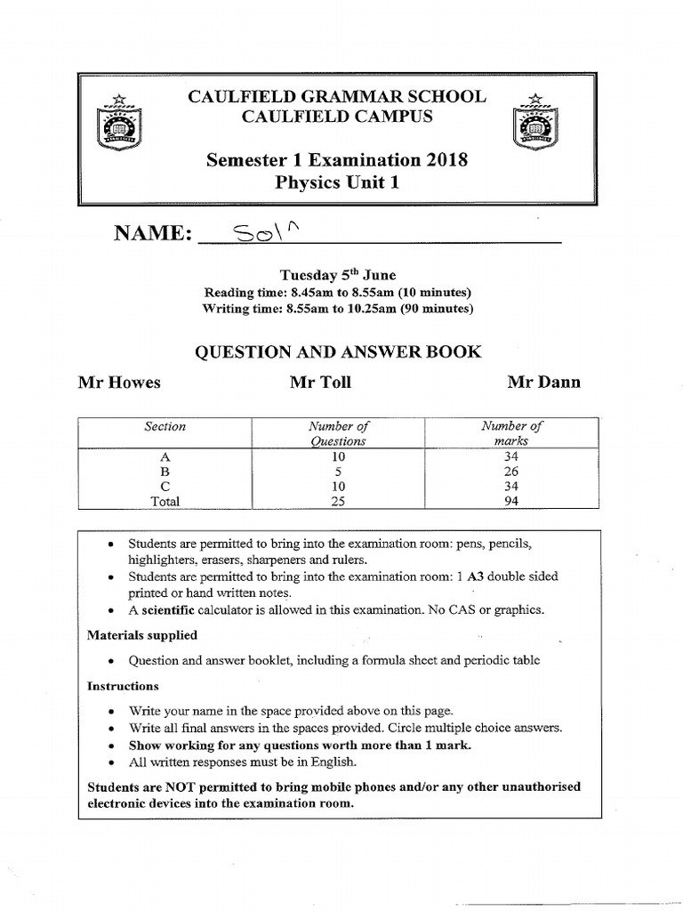 2018 11PHY Semester 1 Exam Solutions | PDF