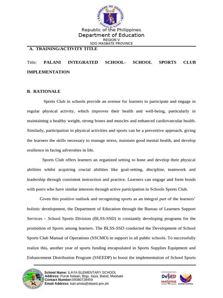 Palani IS Project Proposal School Sports Club | PDF | Learning