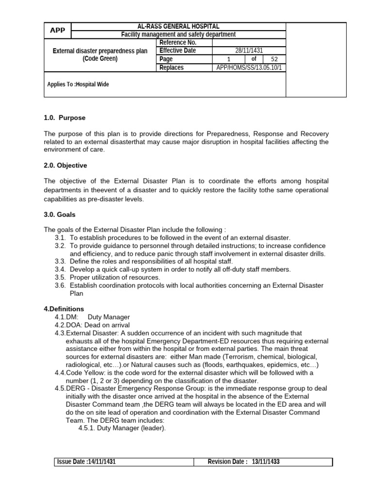 External Disaster Plan (Code Green) | PDF | Emergency Management | Hospital
