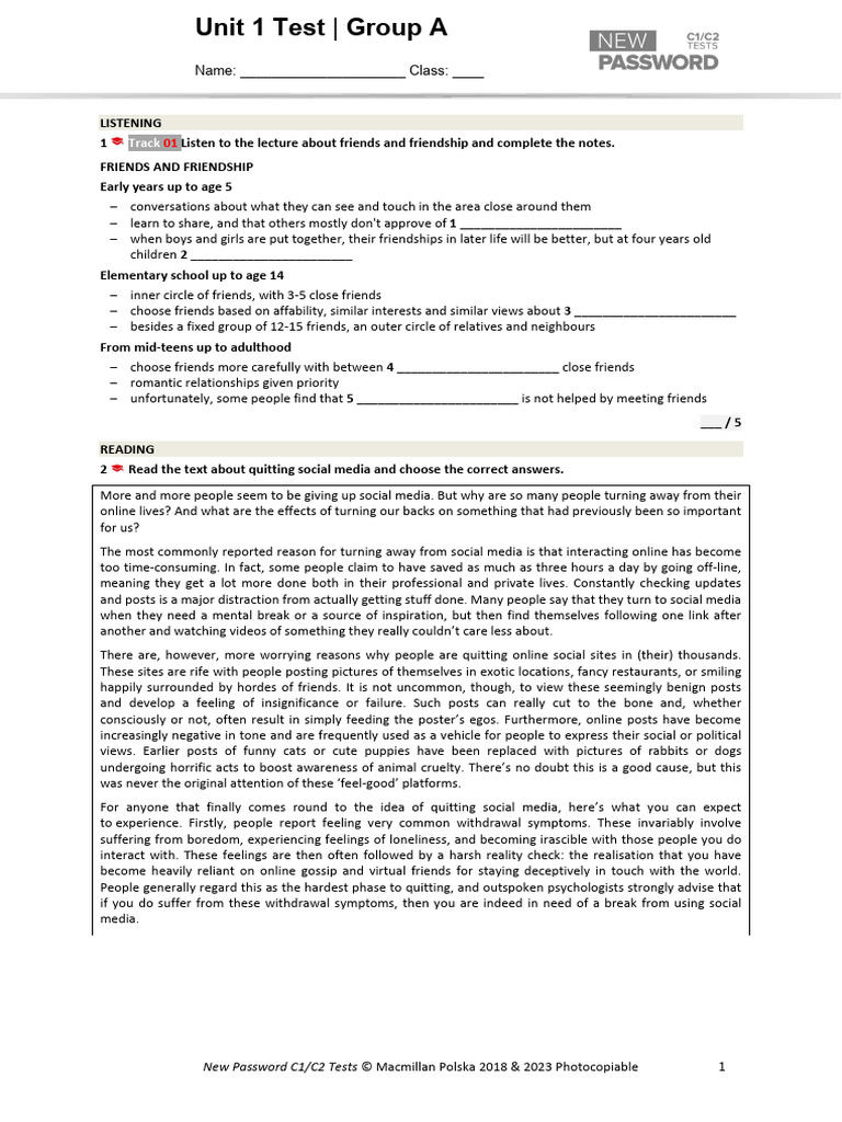 New Password C1/C2 Unit 1 Test | PDF | Psychology